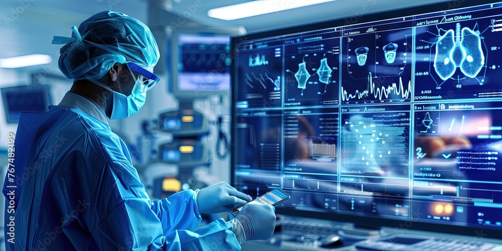 Interior of a modern healthcare facility with automated medical ...