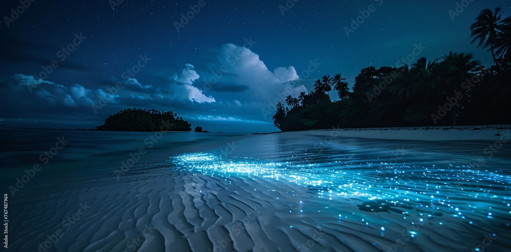 A bioluminescent sea, glowing with turquoise light under the night sky ...