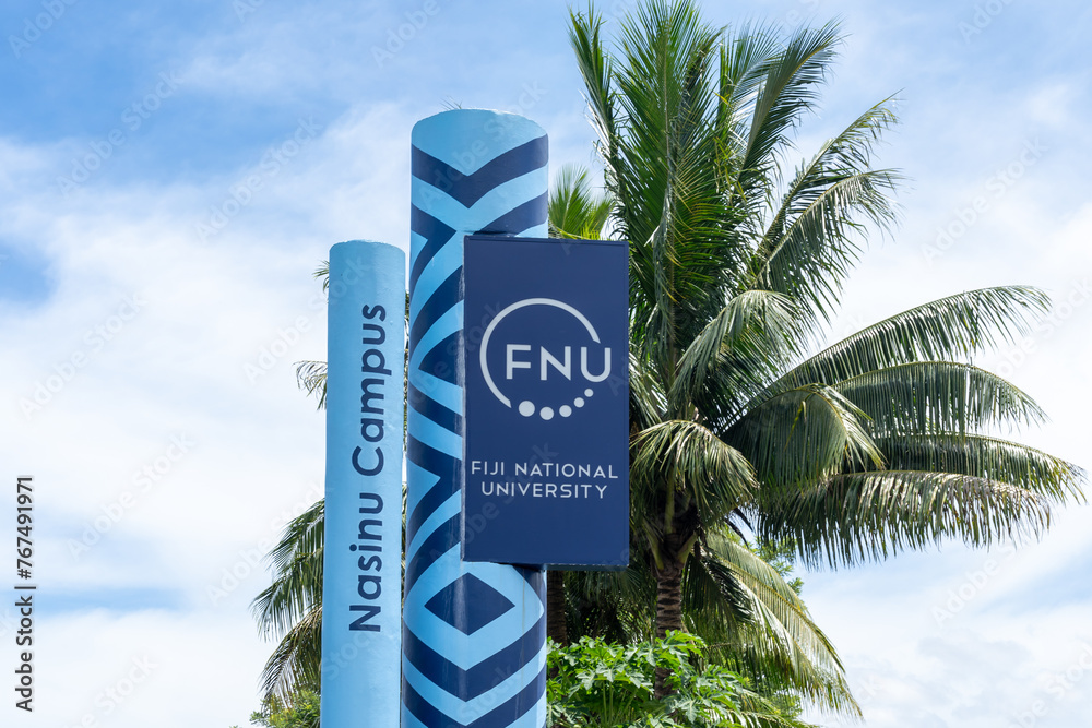 Suva, Fiji - February 28, 2024: The sign at FNU (Fiji National University) Nasinu Campus on ...