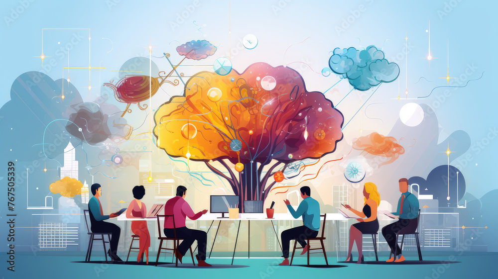 Creative brainstorm session with vibrant tree - Illustration of diverse ...