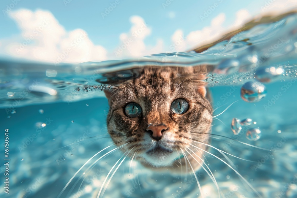 Inquisitive Cat Peering Through Water - This striking image features an ...