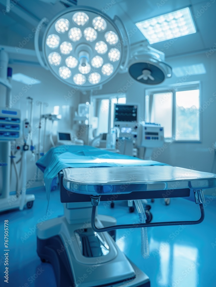Modern empty operating room with surgical lights - This image depicts a ...