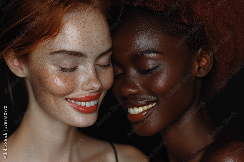Close up fashion portrait two different races women hugging, black ...