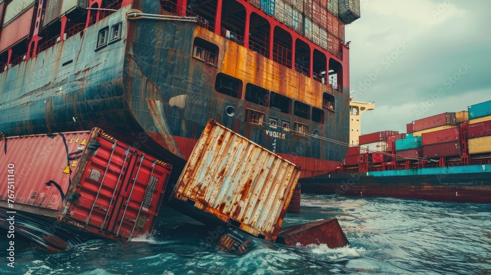 Container falling into the sea at port - Dramatic scene of a shipping ...