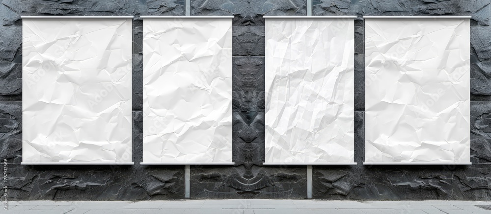 Mockup of white paper posters, featuring wet wrinkled and creased ...