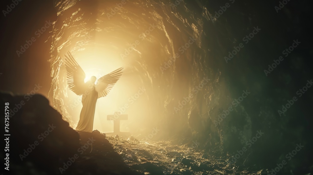 A photo of an empty tomb with an angel silhouette standing guard ...