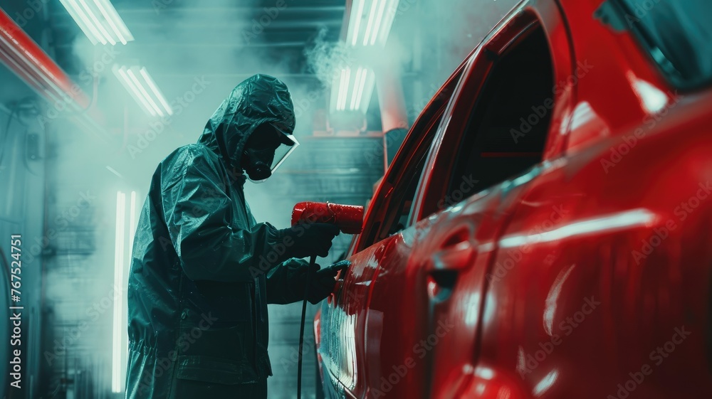 Auto painter in action spraying red car - A skilled worker in ...