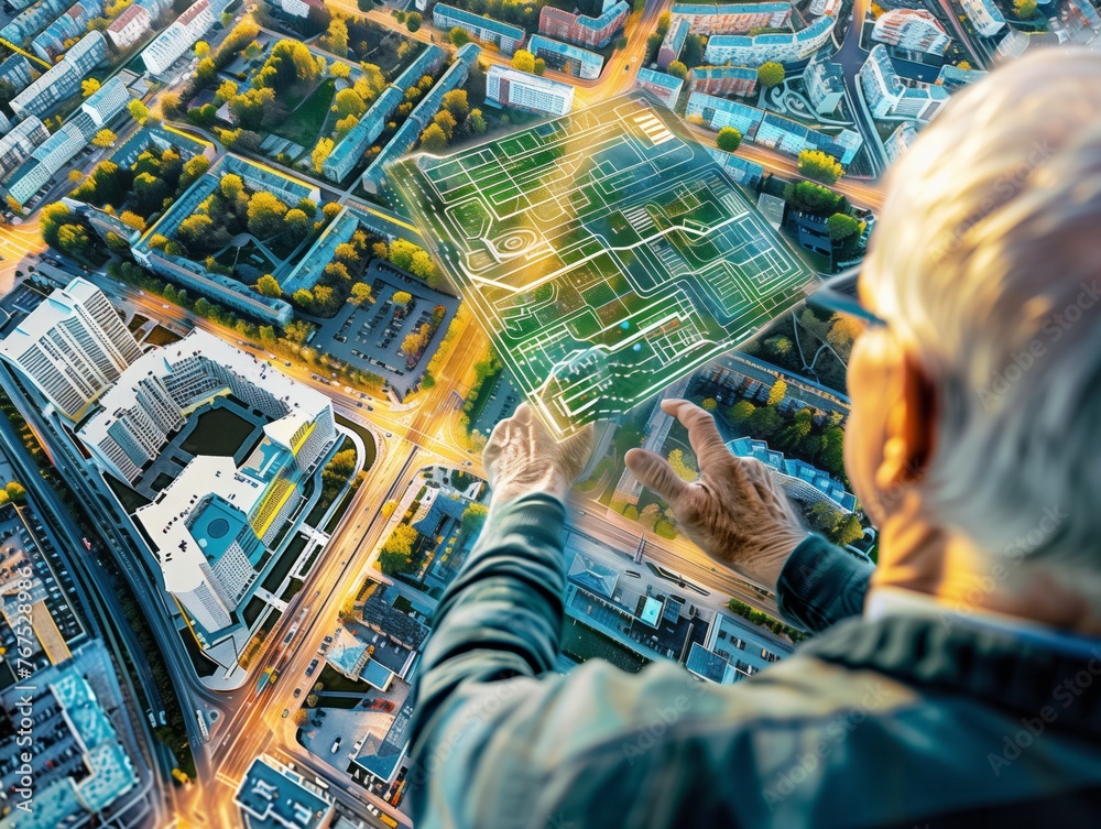 A man is looking at a map of a city on a screen. He is pointing at a ...