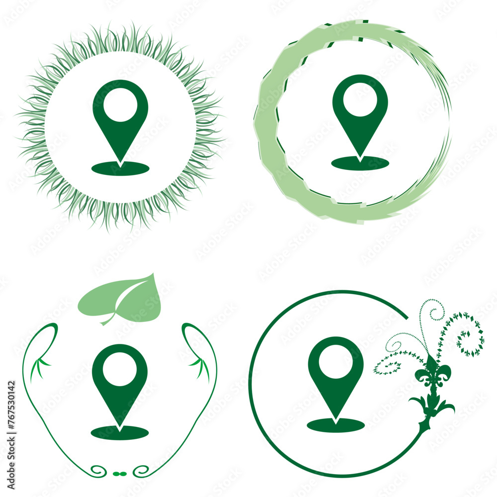 Set of nature-inspired location icons. Green map pointers with organic ...