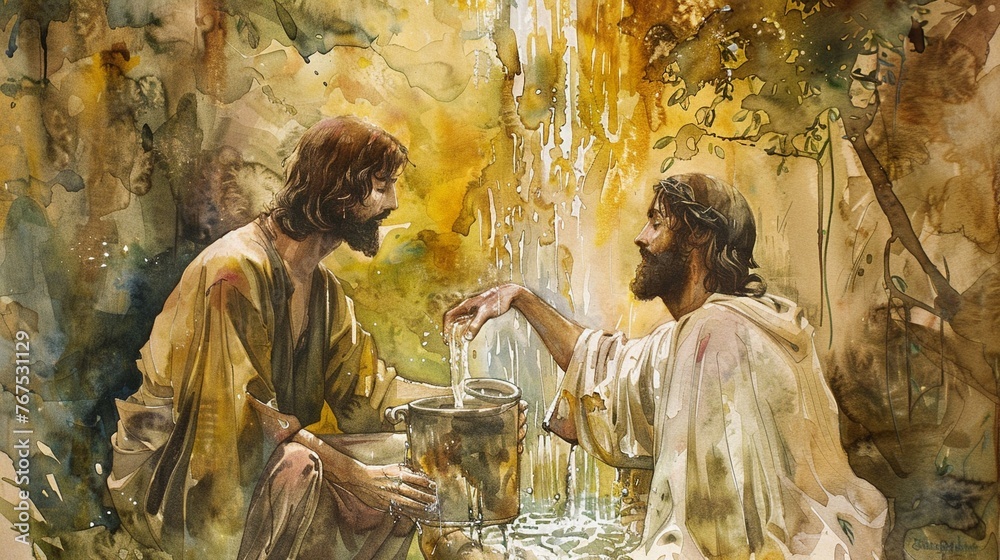 Jesus at the well offering living water Stock Illustration | Adobe Stock