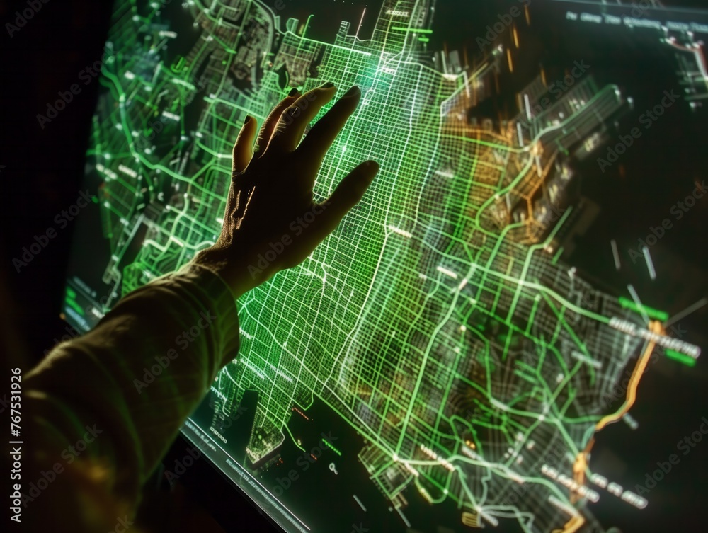 A hand is pointing at a map on a computer screen. The map is green and ...
