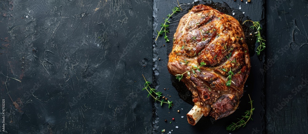 Whole leg of lamb mutton roasted in the oven with thyme on a black ...