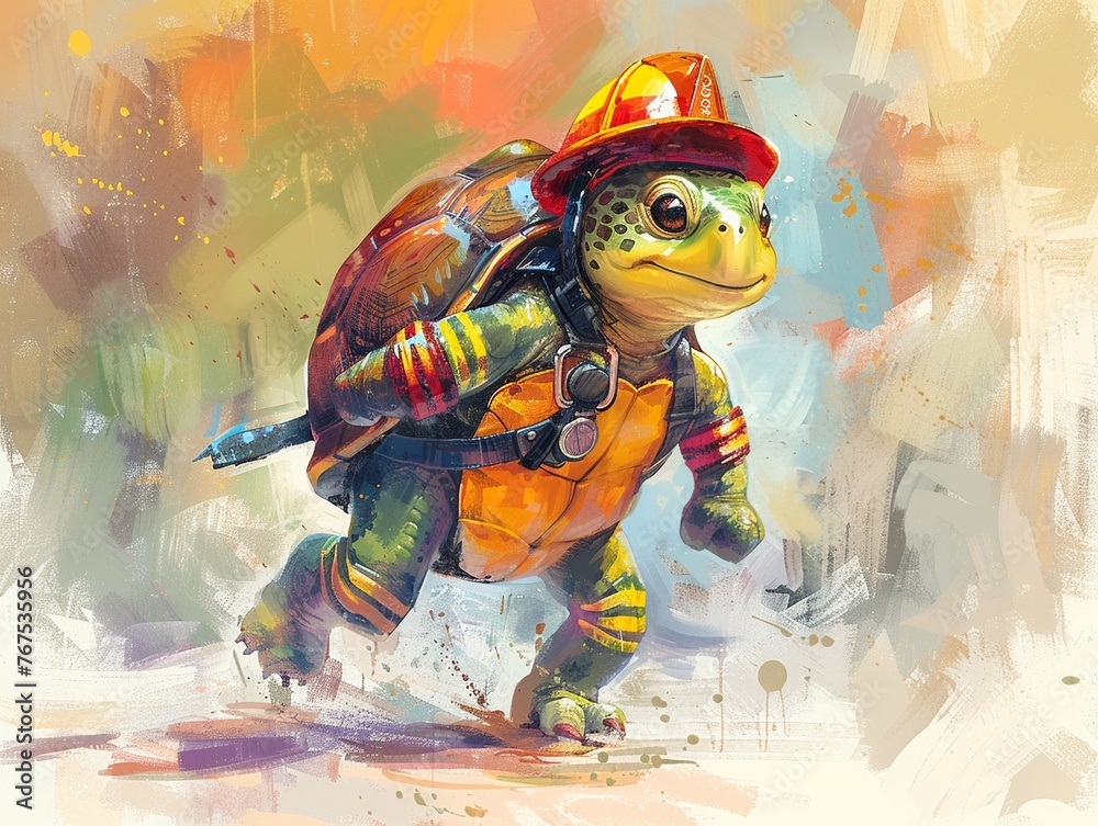 Cartoon turtle firefighter moving slowly pastel shades watercolor ...