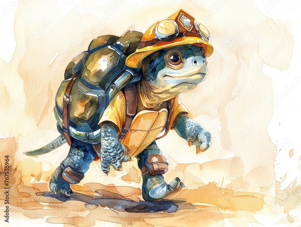 Cartoon turtle firefighter moving slowly pastel shades watercolor ...