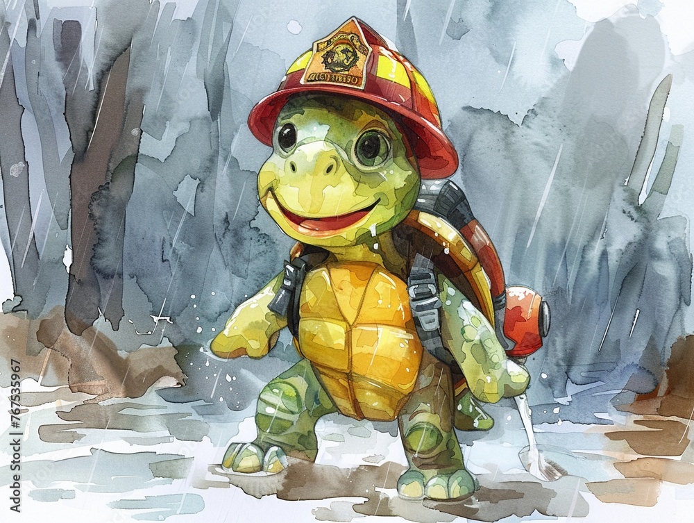 Cartoon turtle firefighter moving slowly pastel shades watercolor ...
