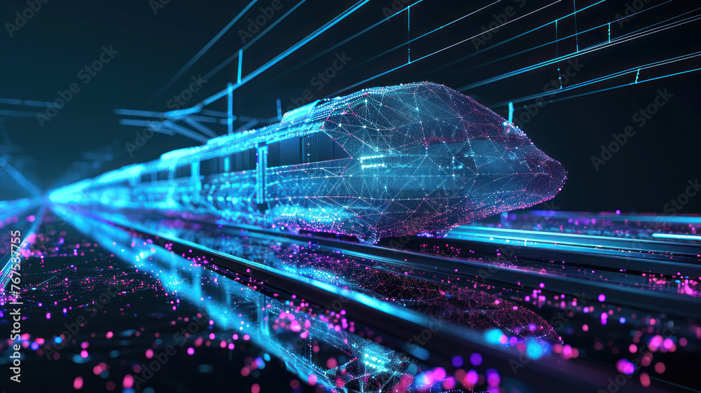 Digital low poly wireframe futuristic high-speed train. Future logistics modern technology ...