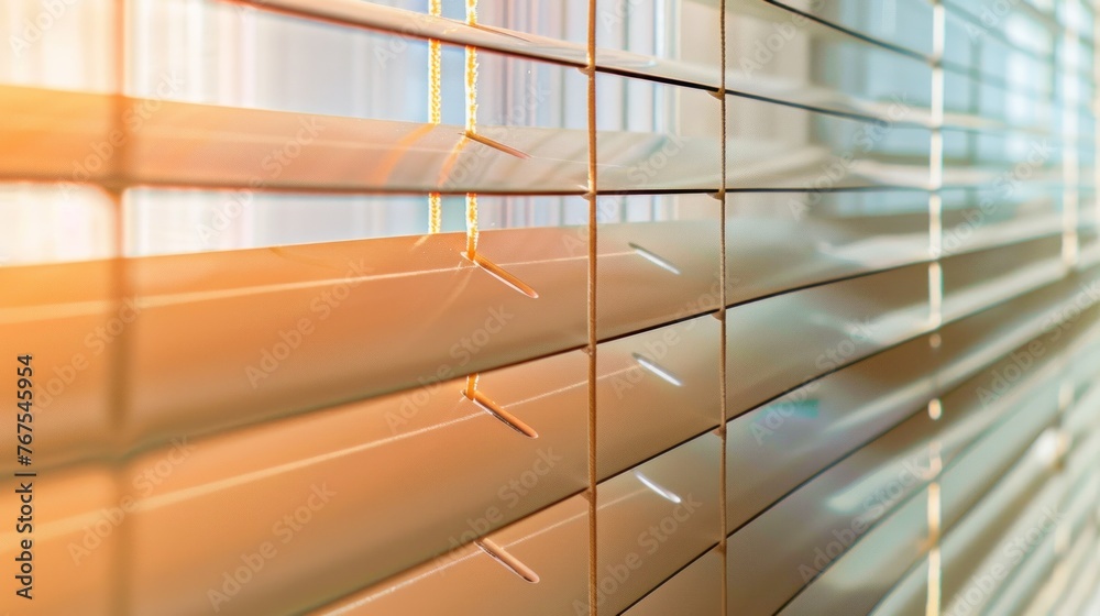 The sun is shining through the window blinds, casting a warm glow on ...