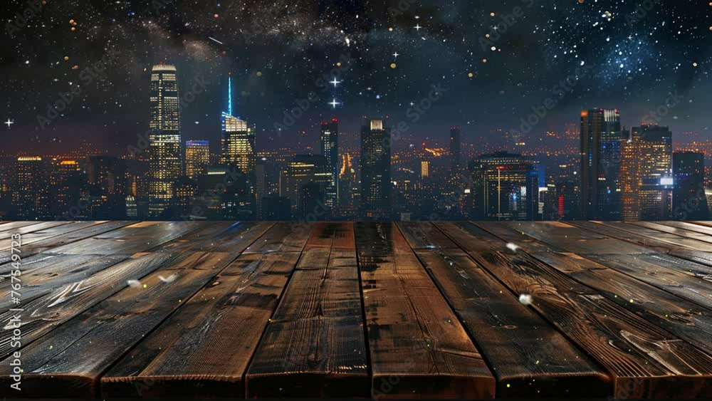 wood table top on night city background. seamless looping overlay 4k ...