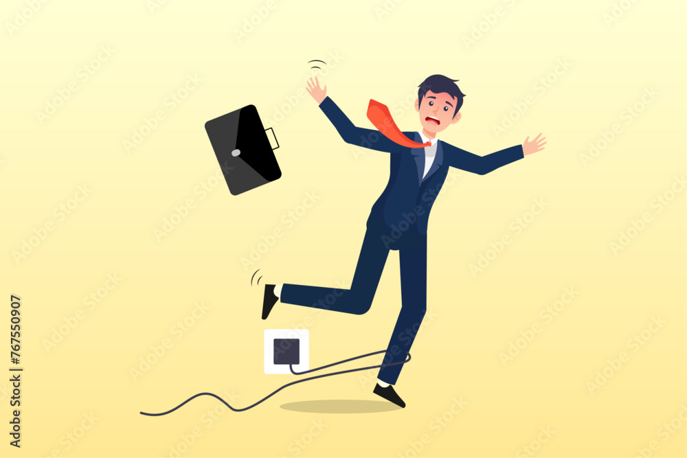 Clumsy businessman stumble with power cable electric plug falling on ...