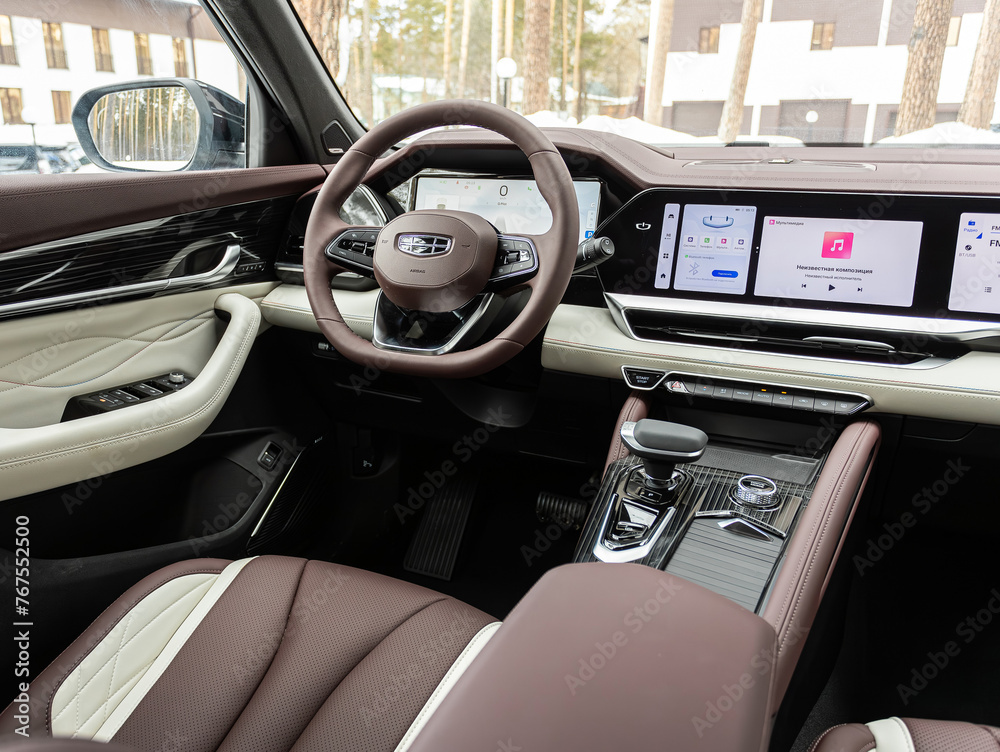 Novosibirsk, Russia - March 22 , 2024: Geely Monjaro, cockpit interior ...