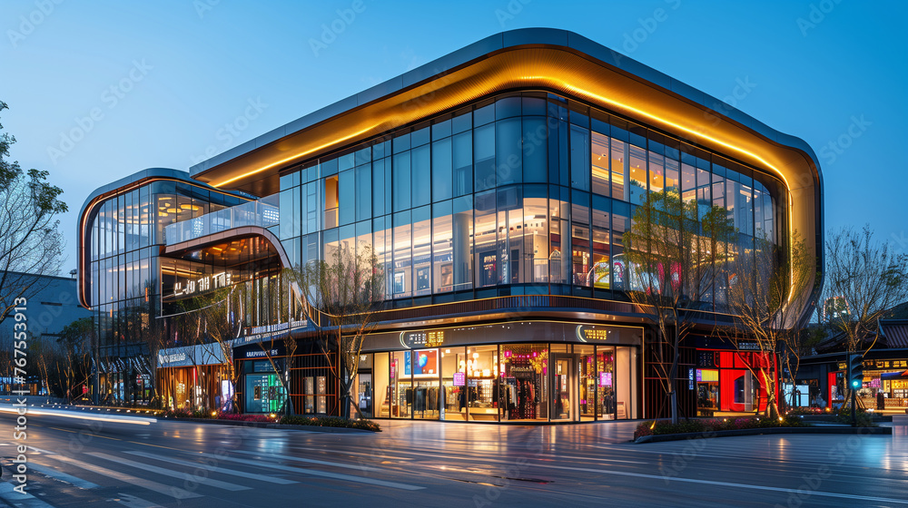 Modern futuristic shopping mall exterior with vibrant colors and ...