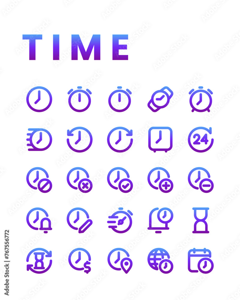 Time icon collections in gradient ine style, including watch, hour ...