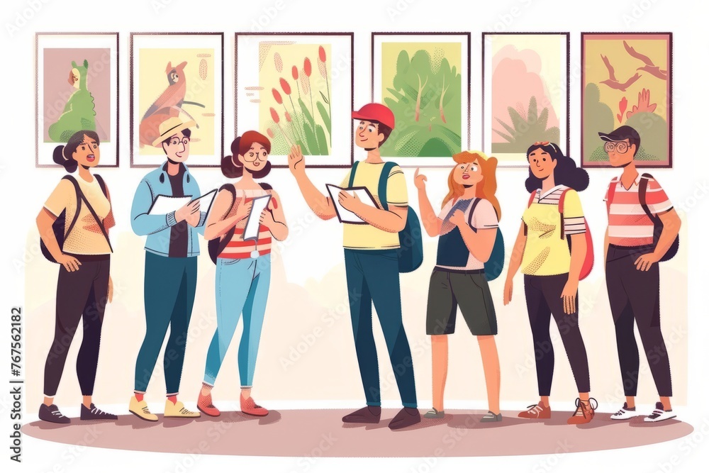 Cartoon cute doodles of a gallery curator giving a guided tour to a ...