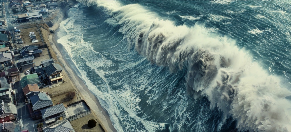 An aerial view of a powerful tsunami with its immense force visible as ...