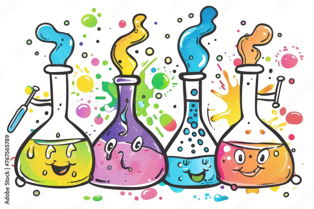 Cartoon cute doodles of colorful chemical reactions bubbling in beakers ...