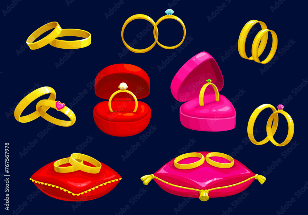 Cartoon wedding rings set of vector jewelry. Engagement and wedding ...