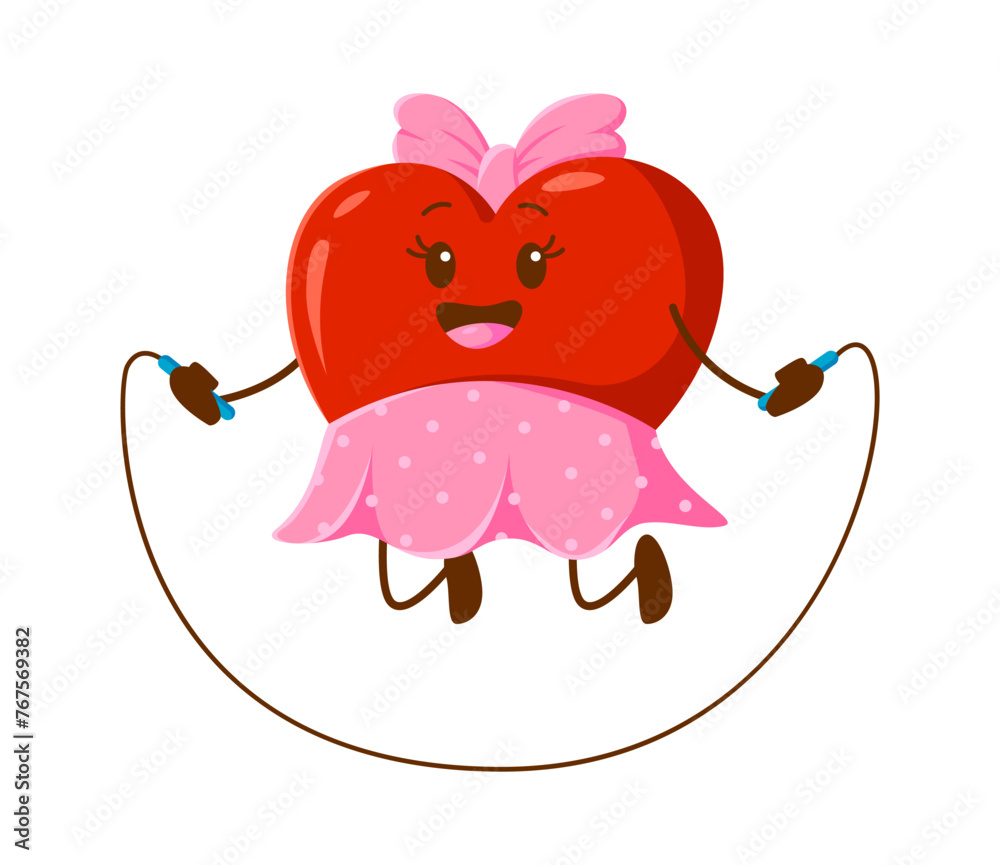 Cartoon girl heart character jumping with rope. Isolated vector cute ...