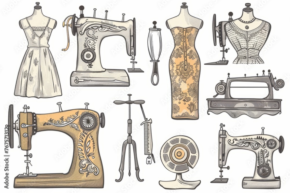 Cartoon cute doodles of vintage sewing machines and antique dress forms ...