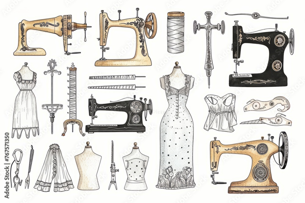 Cartoon cute doodles of vintage sewing machines and antique dress forms ...