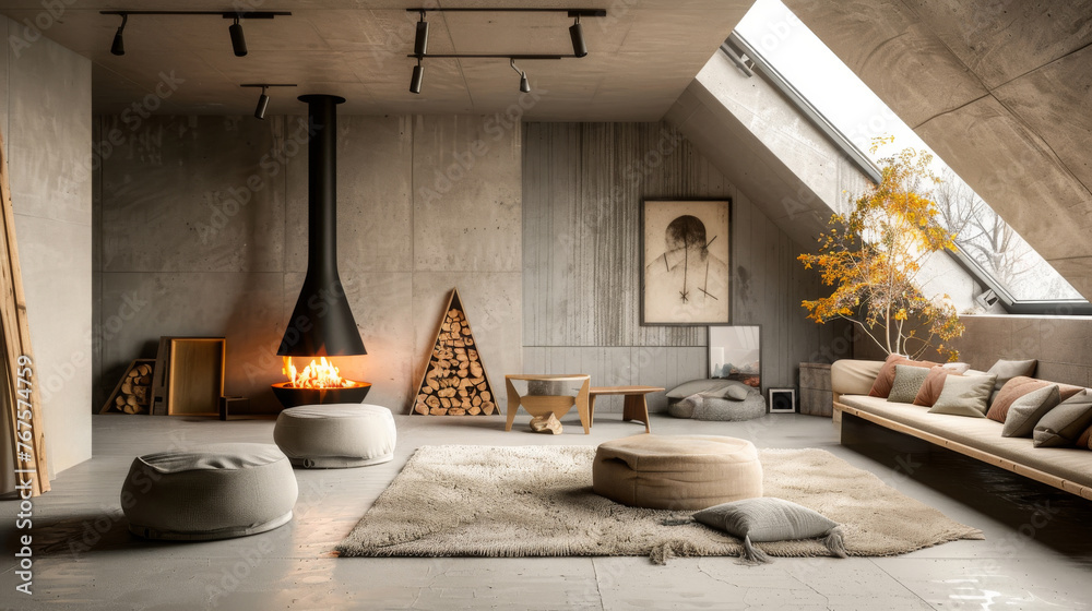 Loft interior design of minimal living room, with a concrete and wood ...