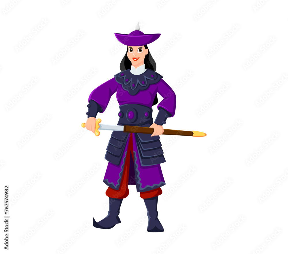 Cartoon woman pirate and corsair character. Isolated vector girl boatswain, captain or ...