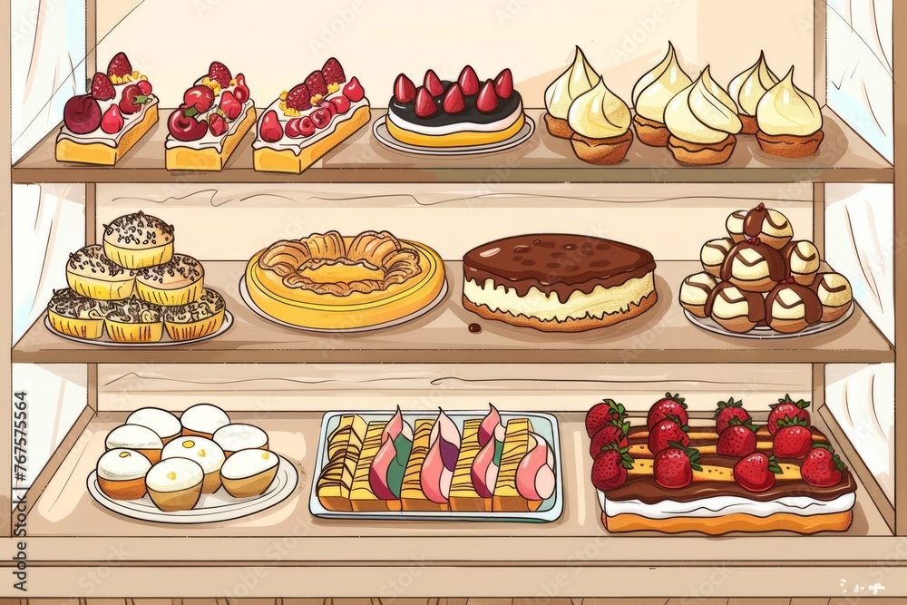Cartoon cute doodles of a display case filled with éclairs, tarts, and ...