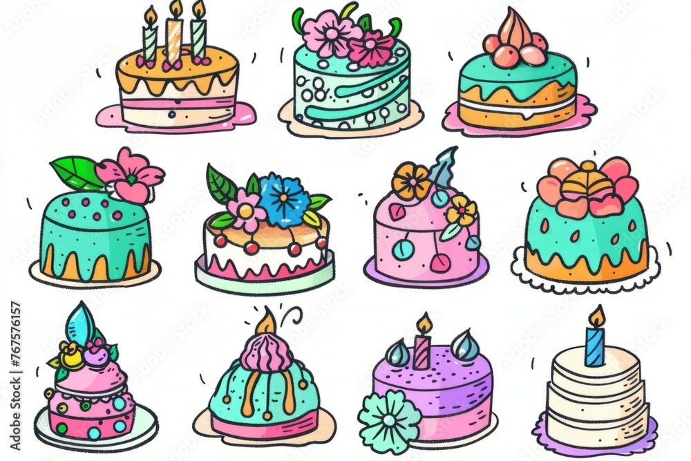 Cartoon cute doodles of a pastry shop's celebration cakes, adorned with ...
