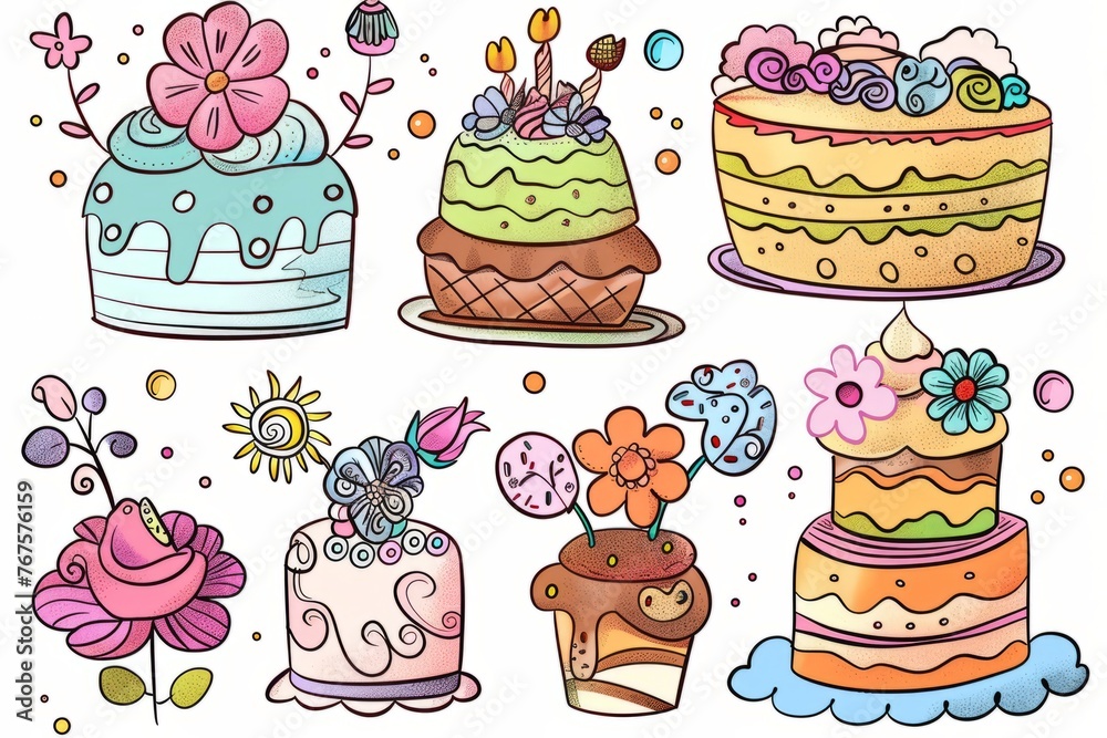 Cartoon cute doodles of a pastry shop's celebration cakes, adorned with ...