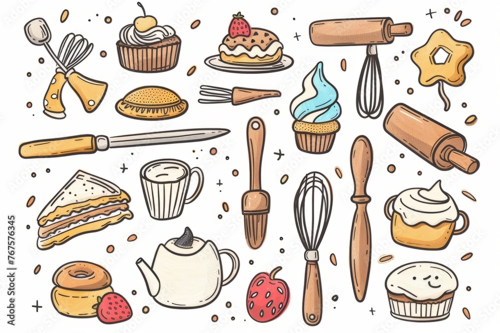 Cartoon cute doodles of a pastry shop's logo and branding, featuring ...