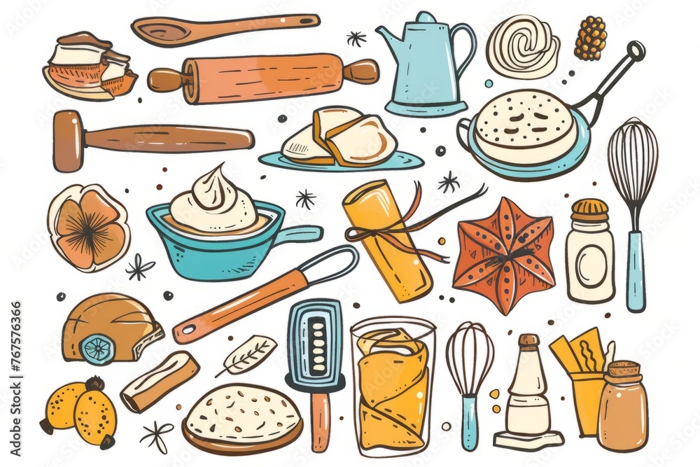 Cartoon cute doodles of a pastry shop's logo and branding, featuring ...