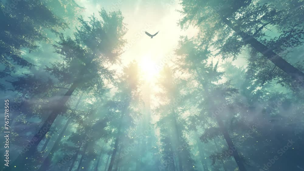 trees with sun rays and flying bird on a forest. treetop canopy bird ...
