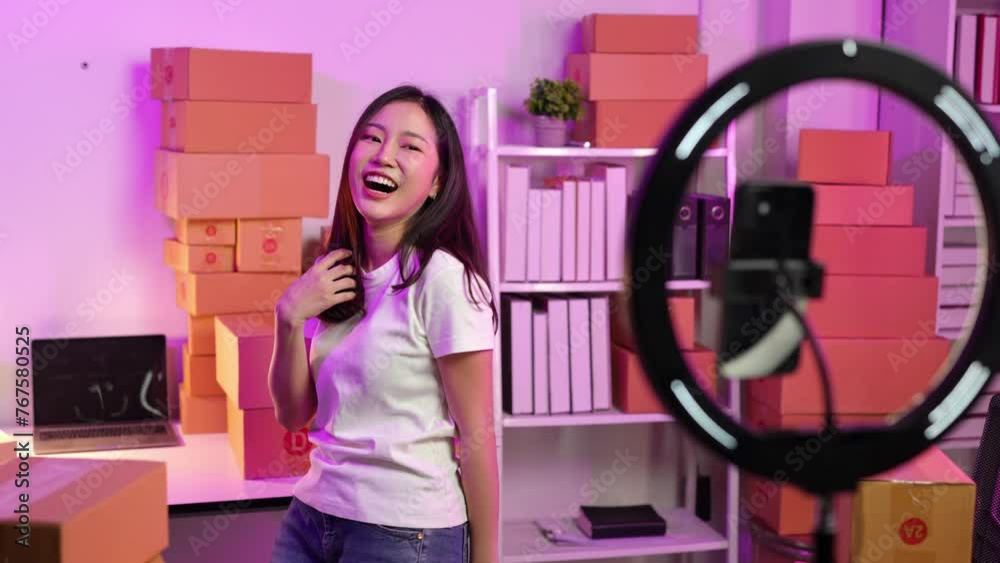 Asian vlogger female influencer smiling enjoying hobbies happy fun live ...