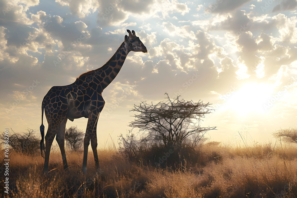 giraffe in the African savanna in the sunlight. mammals and wildlife ...