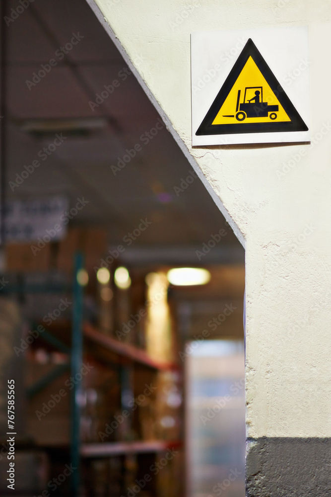 Warning, sign and forklift with triangle or symbol for alert ...