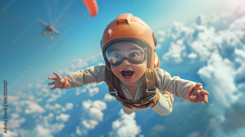 cute baby in skydiving wear flying in the sky with parachutist and ...