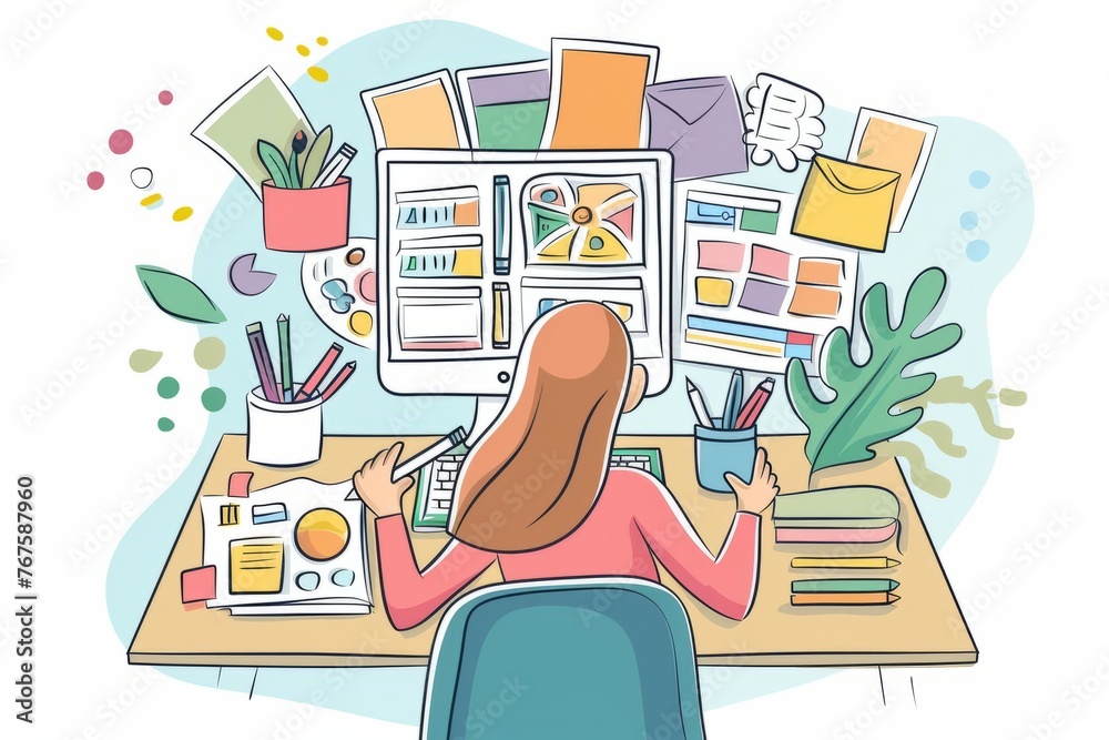 Cartoon cute doodles of a digital designer organizing their design ...