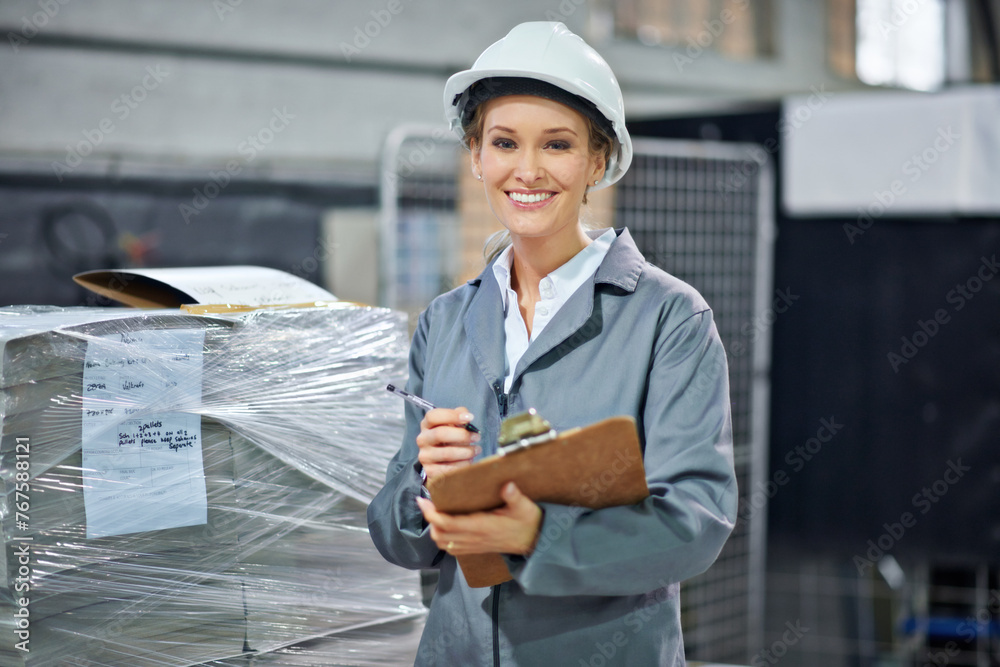 Logistics, portrait and woman in warehouse with clipboard for quality ...