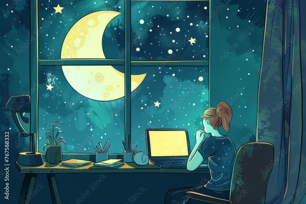 Cartoon cute doodles of a digital designer working late into the night ...