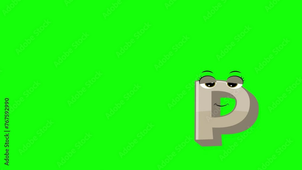 Cartoon style letter p 2d animation with green screen background, p ...