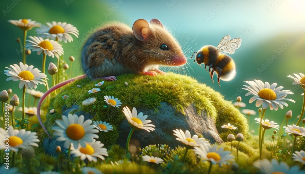 An endearing and detailed scene of a small mouse and a bumblebee ...